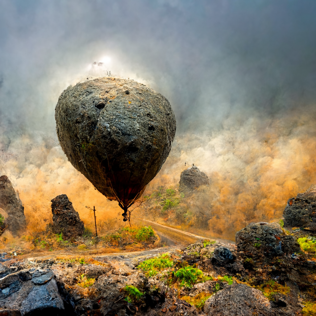 Flying stone over a misty valley | Foundation